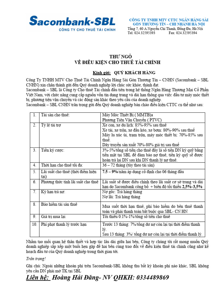 Bản Chào Sacombank SBL | PDF