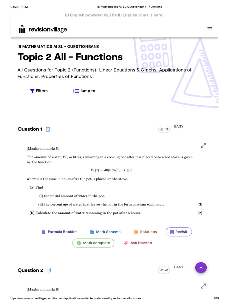 IB Math AI SL Functions Questionbank | PDF | Subscription Business Model | Equations