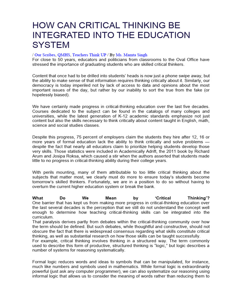 How Can Critical Thinking Be Integrated Into The Education System | PDF ...