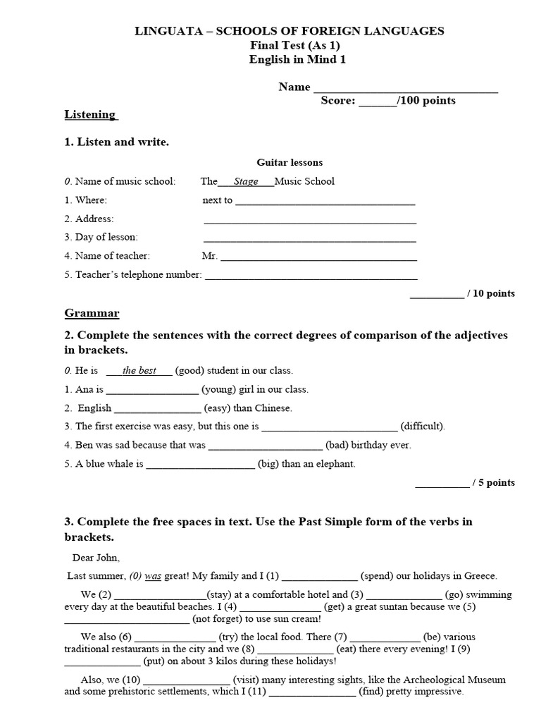 Final Test for English in Mind 1 | PDF | Language Arts & Discipline
