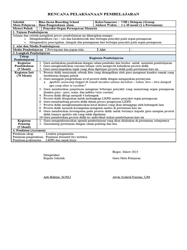 RPP KELAS 8 Bab Pernapasan | PDF | Karier & Perkembangan | Pengembangan Diri