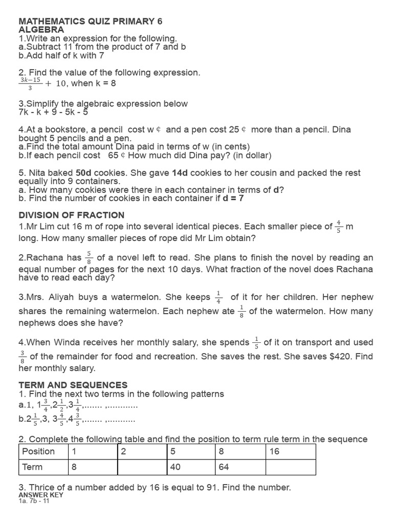 Mathematics Quiz Primary 6 | PDF