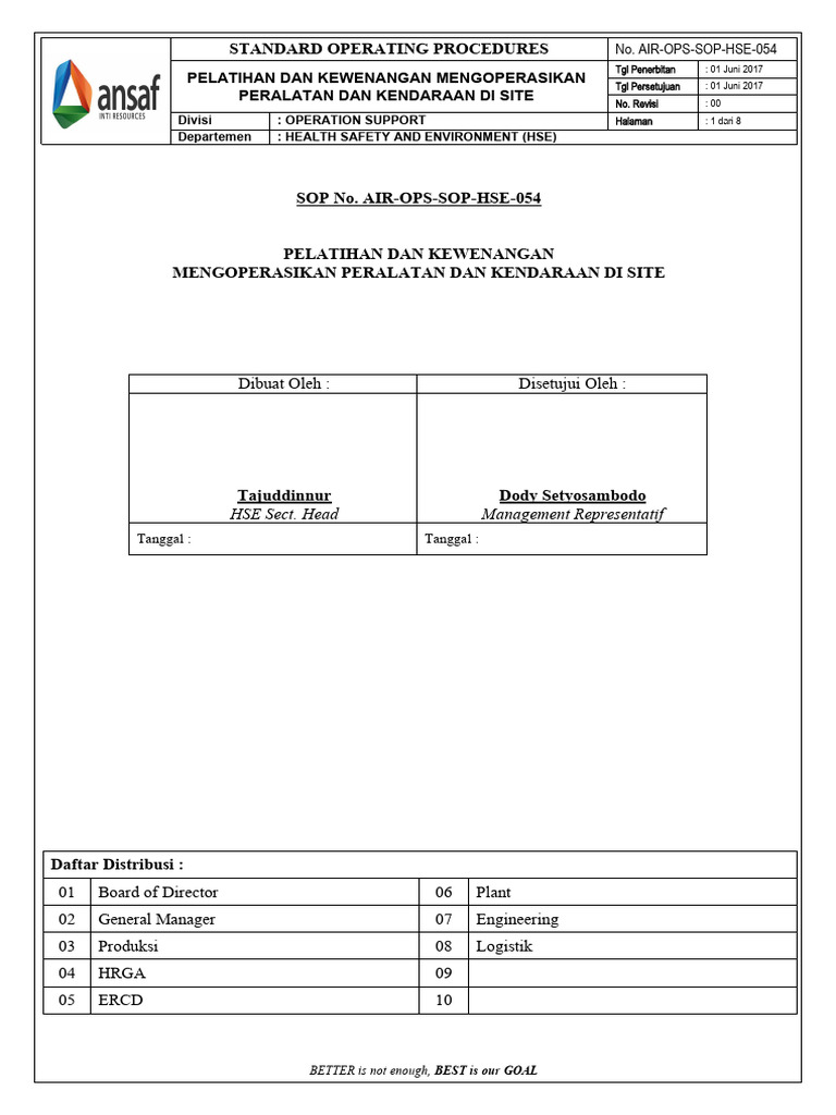 SOP No. AIR-OPS-SOP-HSE-054 PELATIHAN DAN KEWENANGAN MENGOPERASIKAN ...