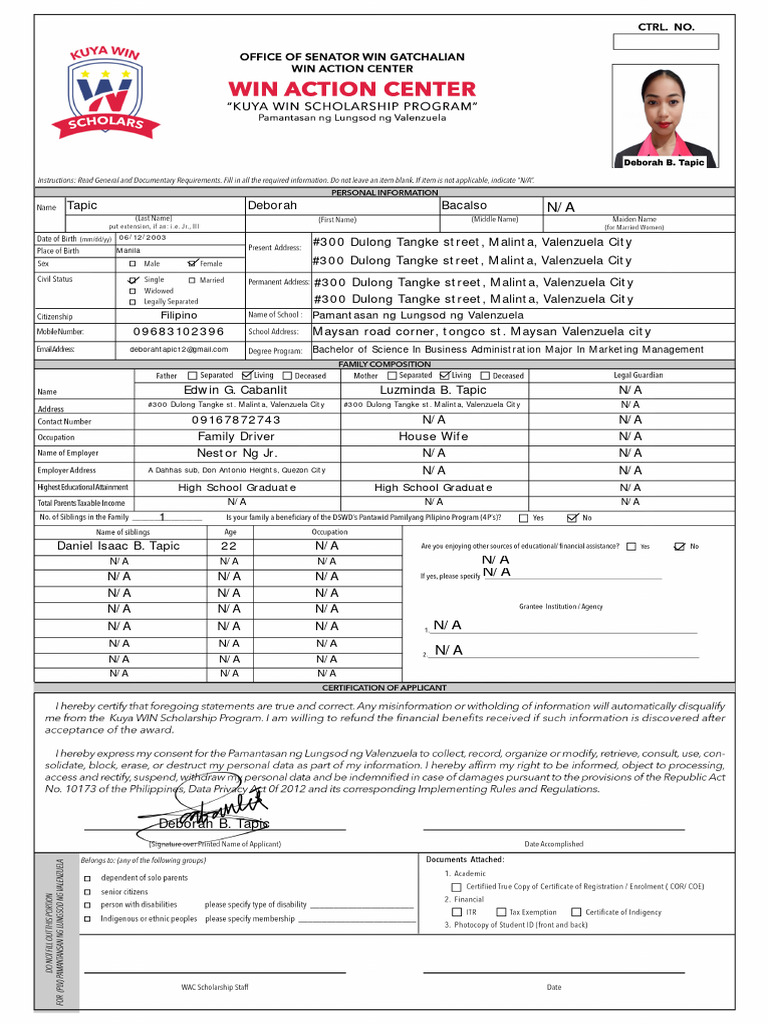 Deborah B. Tapic_Kuya WIN Scholar New Form PLV | PDF