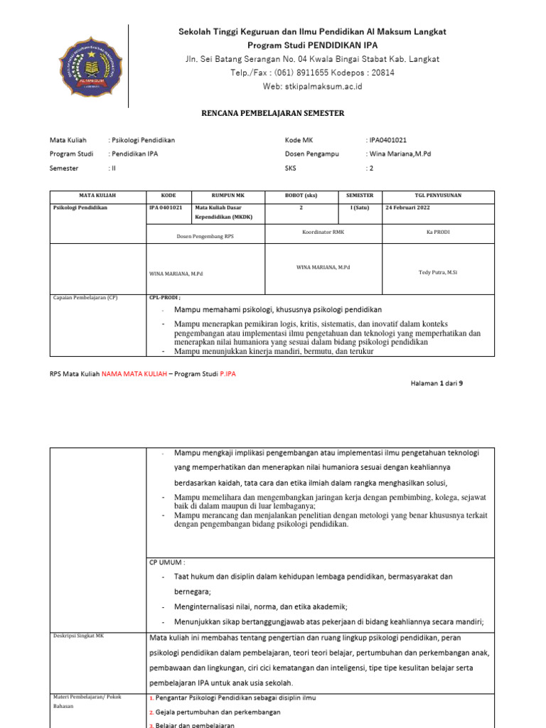 RPS Psikologi Pendidikan | PDF