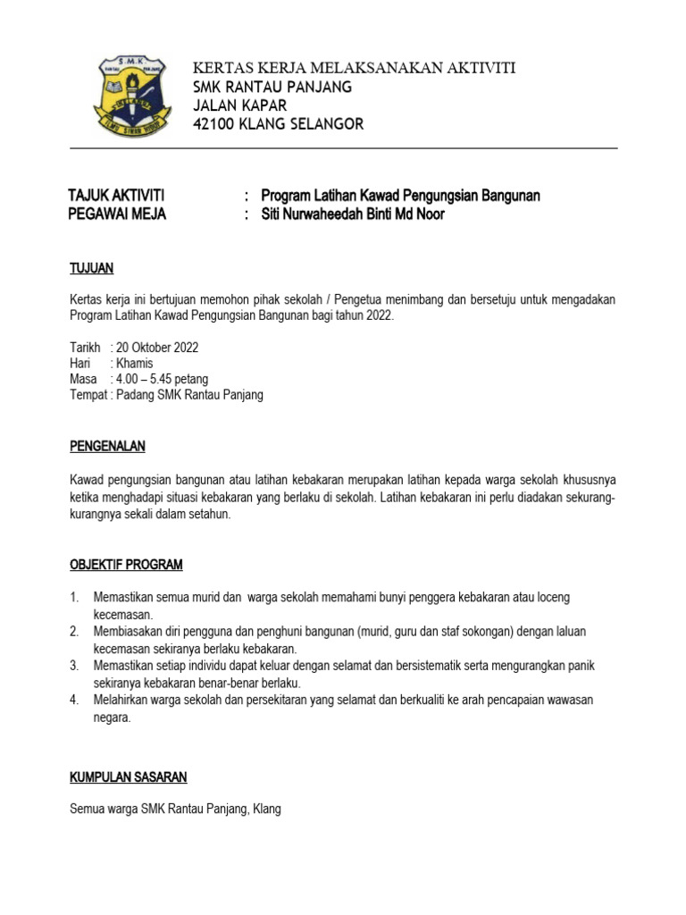 Kertas Kerja Latihan Pengungsian Bangunan SMKRP 2022 | PDF