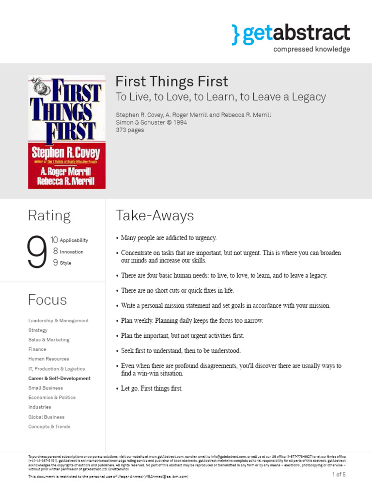 First Things First by Covey | PDF | Time Management | Professional Skills