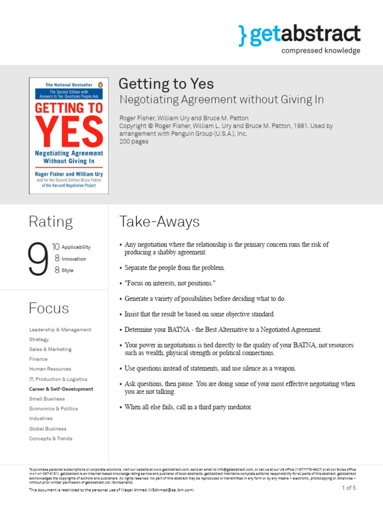 Getting To Yes by Roger Fisher | PDF | Negotiation | Bargaining