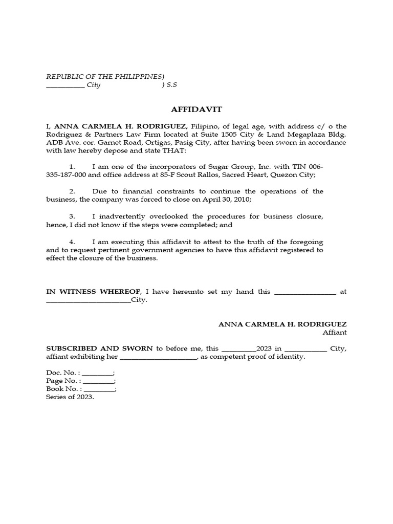 Affidavit of Business Closure | PDF | Business | Law