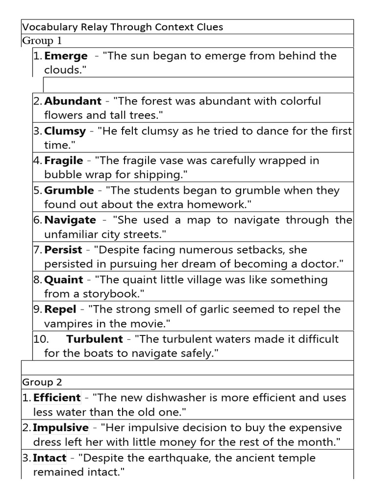 Vocabulary Relay Through Context Clues | PDF