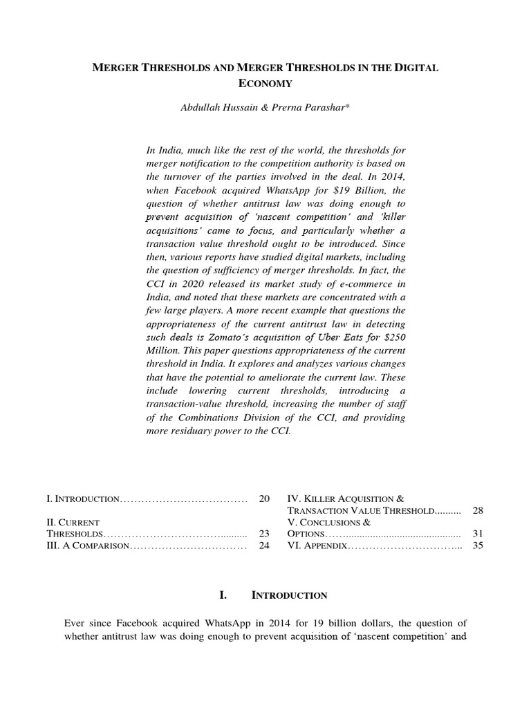 Merger Threshold and Merger Thresholds in The Digital Economy | PDF