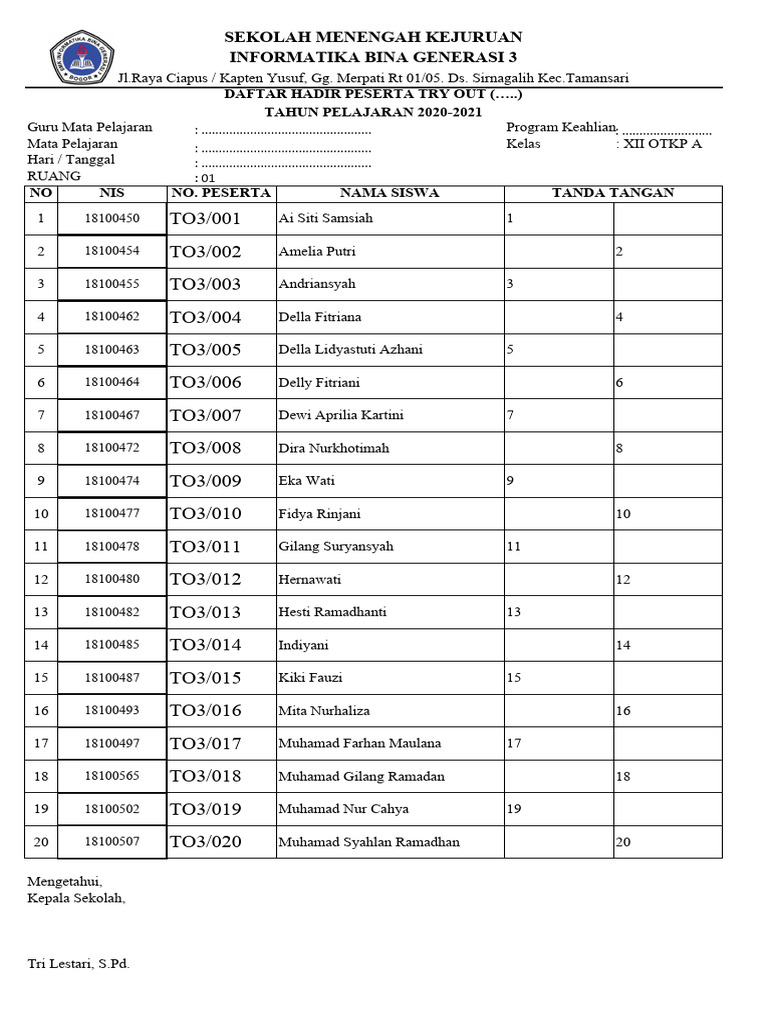 Daftar Hadir Try Out SMK Informatika 2020-2021 | PDF
