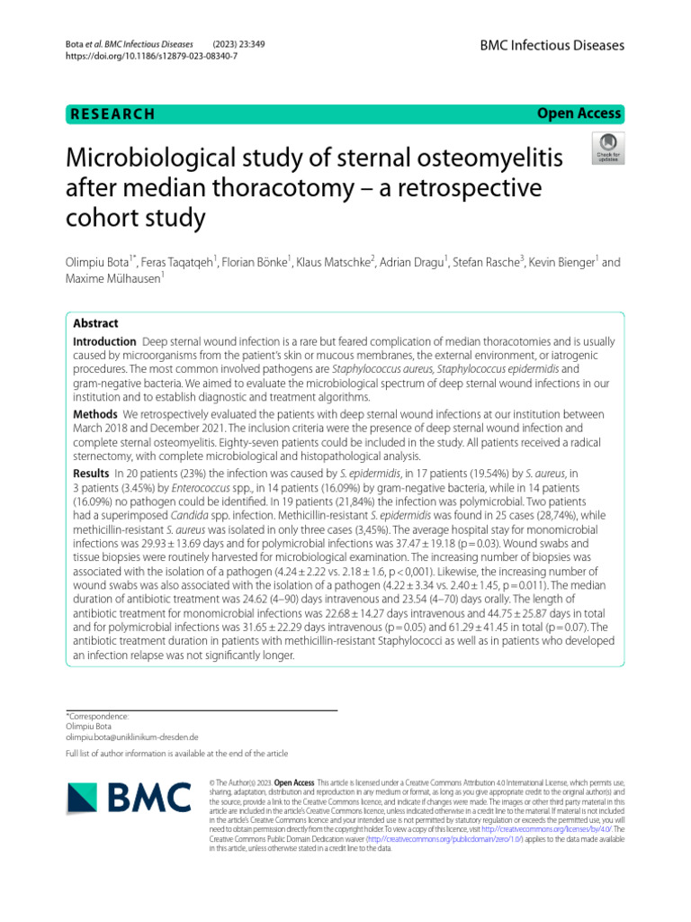 Microbiological Study of Sternal Osteomyelitis | PDF