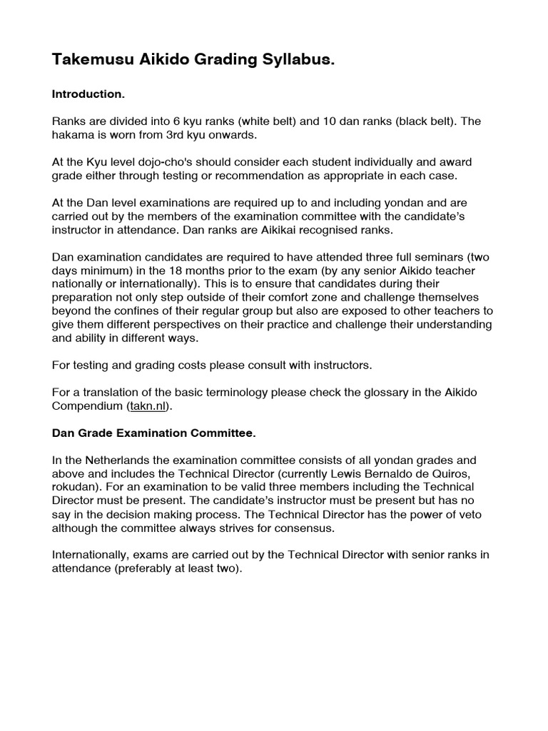 Takemusu Aikido Grading Syllabus | PDF | Aikido | Individual Sports