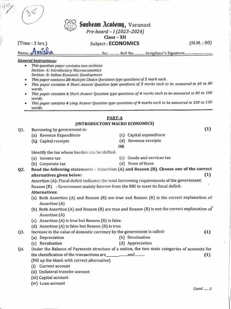 Economics Question Paper Class 12 Preboards Sunbeam School | PDF ...