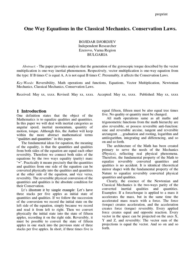 One Way Equations in The Classical Mechanics. Conservation Laws. | PDF
