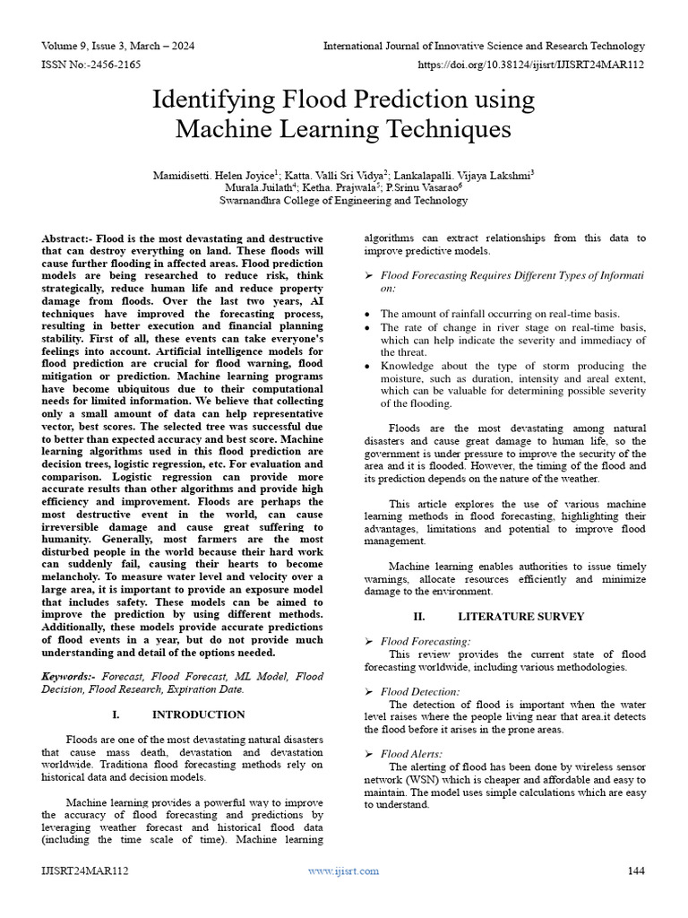 Identifying Flood Prediction Using Machine Learning Techniques ...