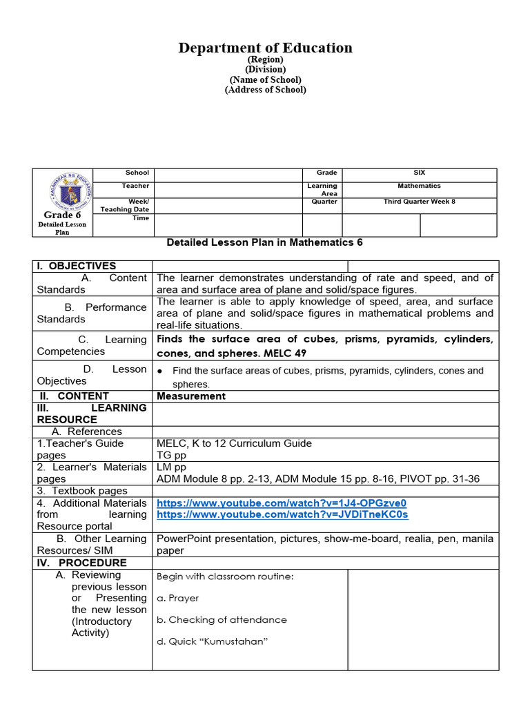 Cot Math 6 Q3 W8 | PDF | Area | Learning