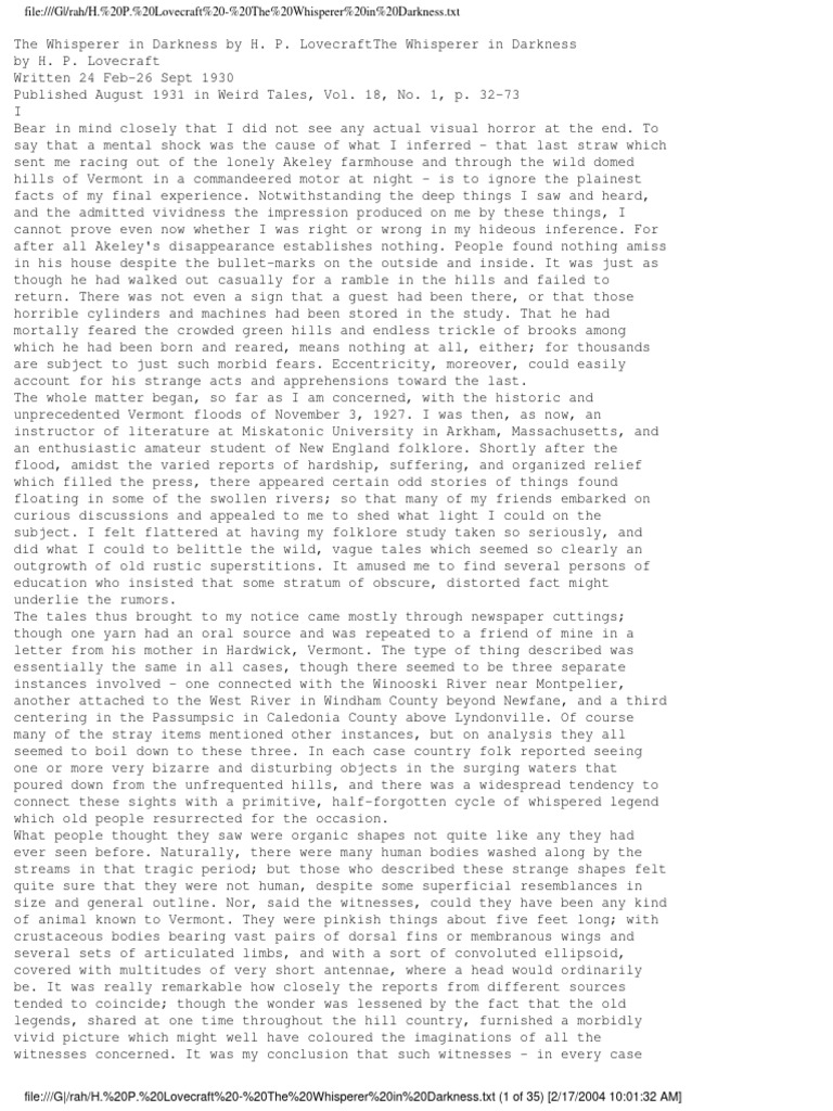 H. P. Lovecraft - The Whisperer in Darkness | PDF
