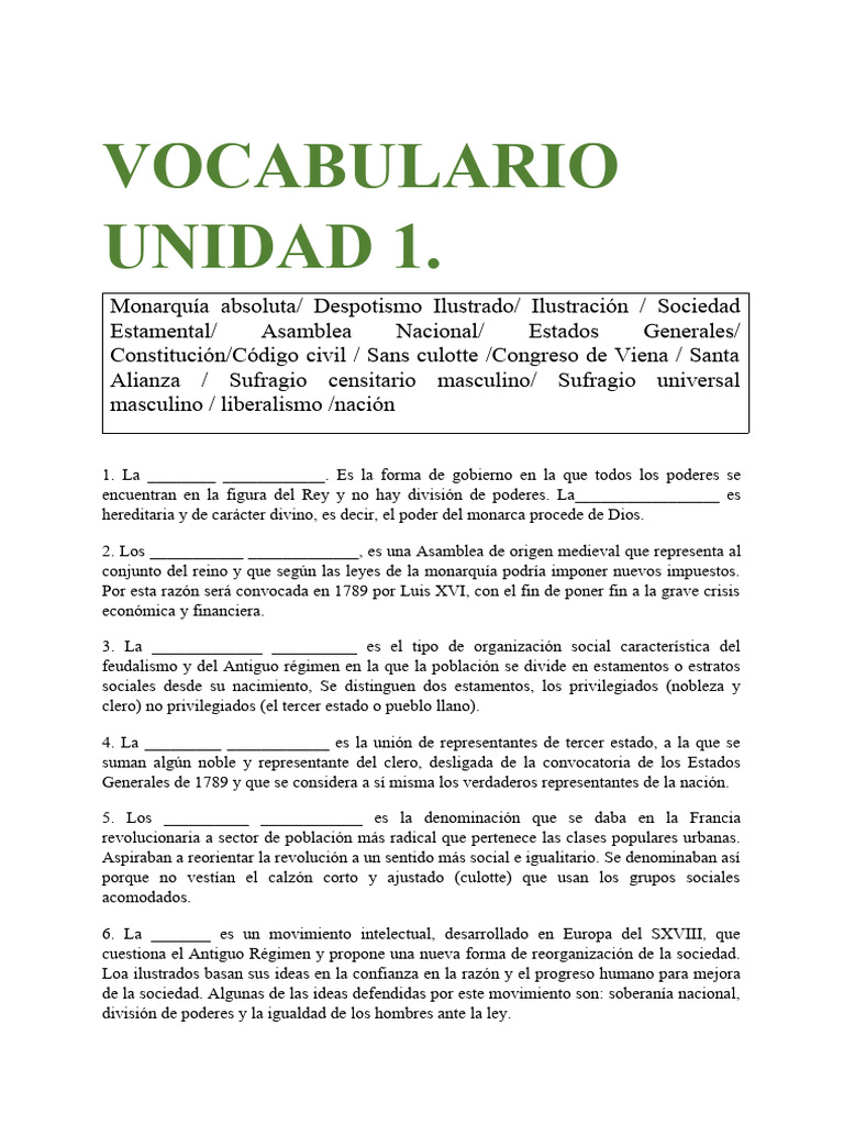 Vocabulario sobre la Revolución Francesa | PDF | Constitución | Era de ...