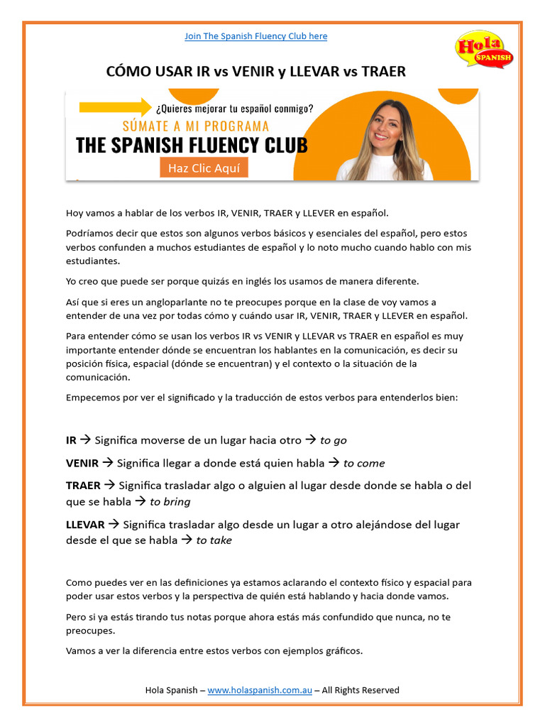 Uso de Ir, Venir, Traer y Llevar | PDF