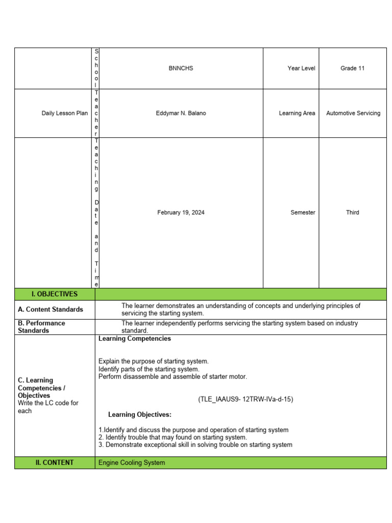 S C H o o L Bnnchs Year Level Grade 11: I. Objectives A. Content Standards B. Performance ...