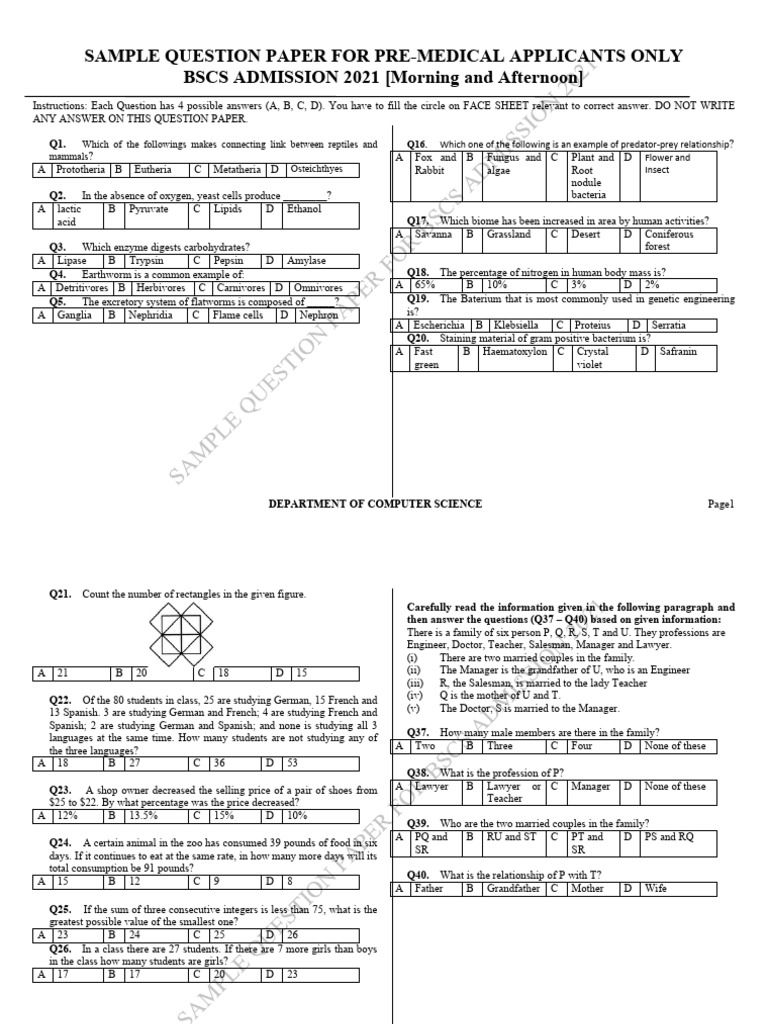 Pre-Medical Admission Sample Questions | PDF | Biology