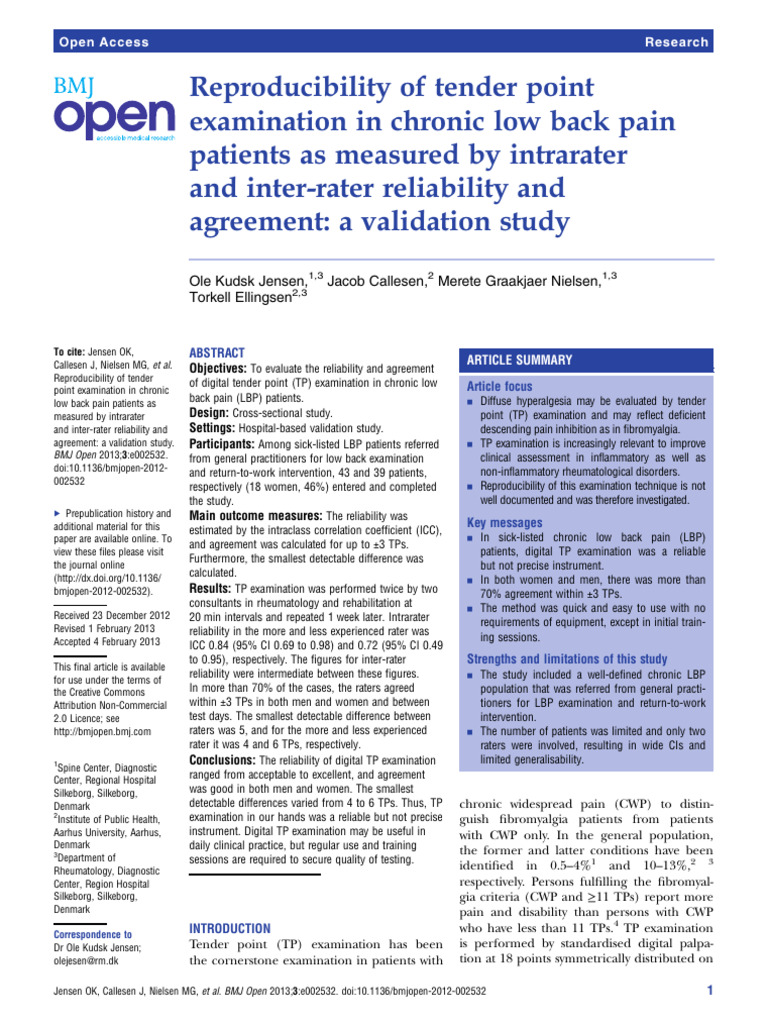 Reproducibility Tender Point Examination Chronic Low Back Pain Patients ...