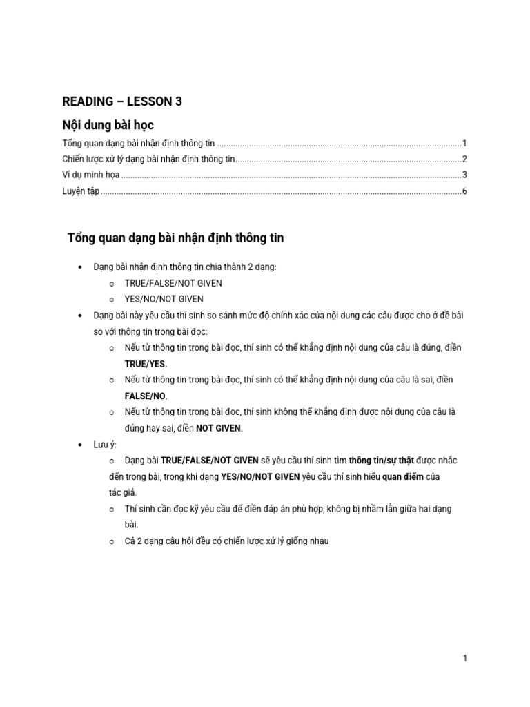 4.5 Ielts Course Reading - Lesson 3 Nội dung bài học: True/Yes | PDF