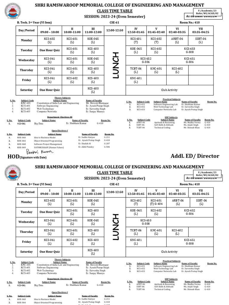 CSE 3rd Year Timetable 2023-24 | PDF | Information Technology | Software Engineering