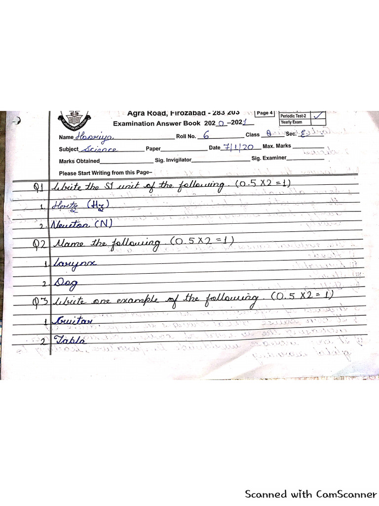 Hooriya VIII E Roll No 6 Science Exam Answersheet Post Mid Term | PDF