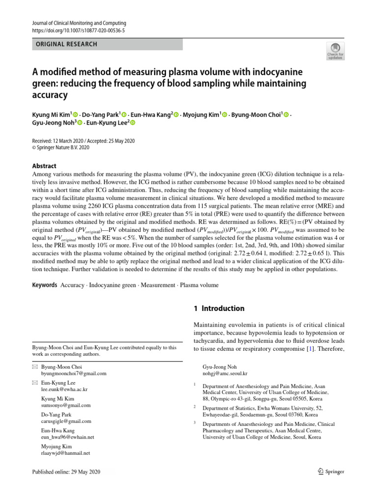 A Modified Method of Measuring Plasma Volume With Indocyanine Green ...