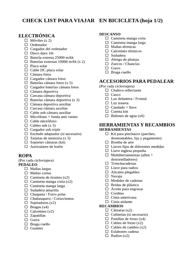 Check List para Viajar en Bicicleta | Descargar gratis PDF | Bienes ...