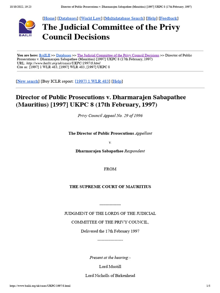 Director of Public Prosecutions v. Dharmarajen Sabapathee (Mauritius ...