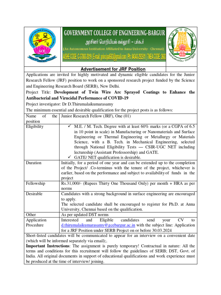 Advertisement For JRF Position | PDF | Physical Sciences | Engineering