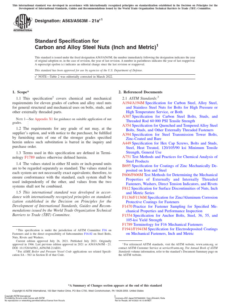 ASTM A563 A563M Carbon and Alloy Steel Nuts | PDF