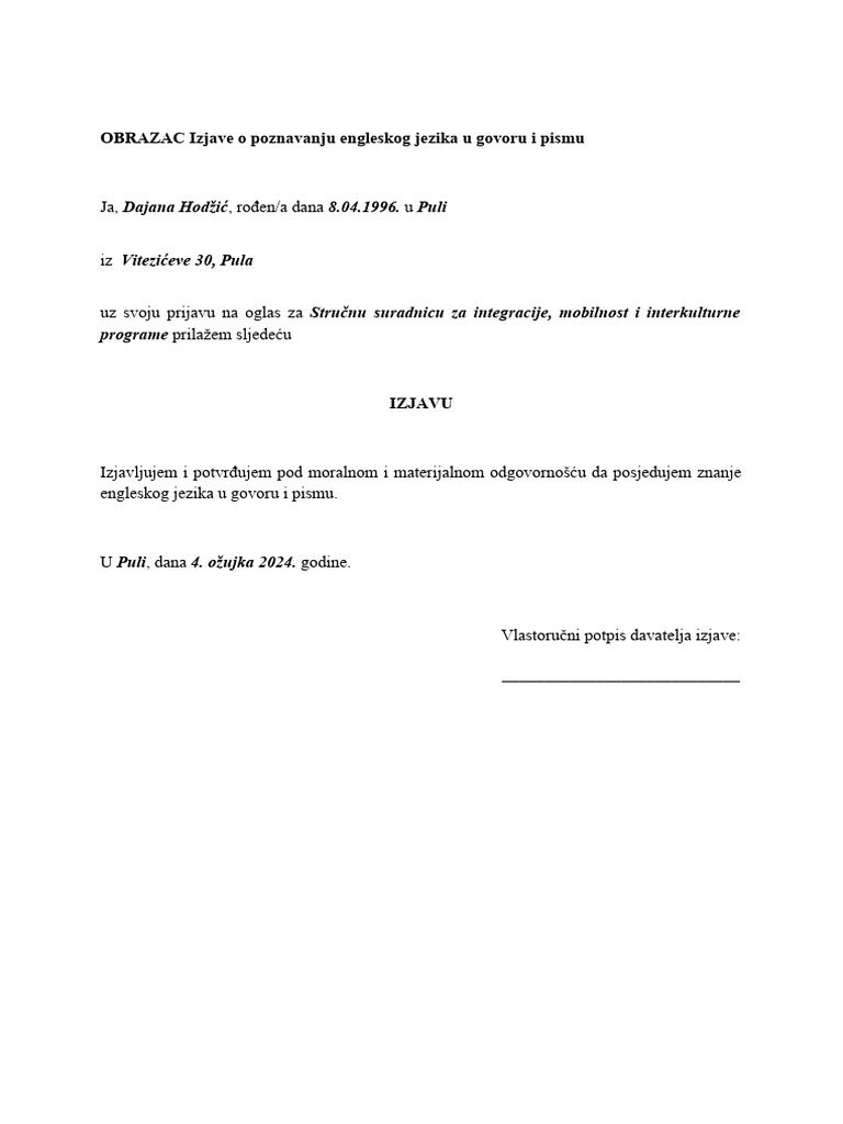 Izjava o Poznavanju Engleskog Jezika U Govoru I Pismu | PDF