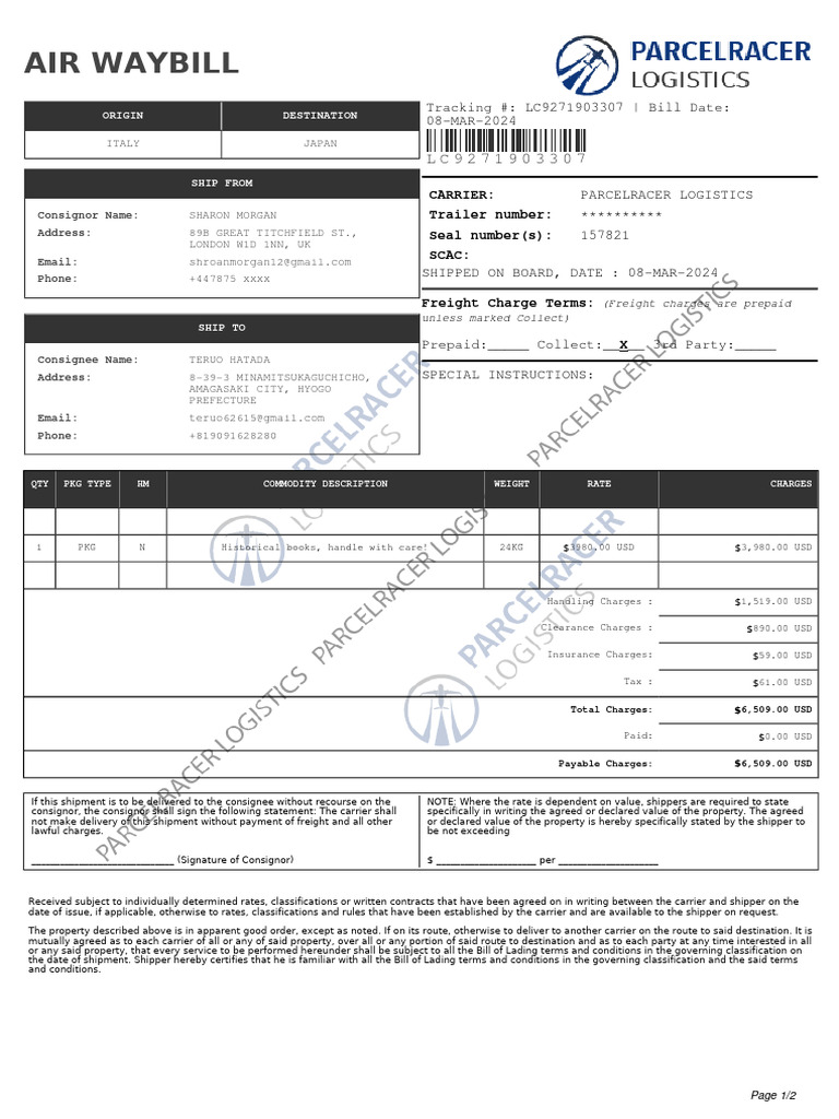 Air Waybill LC9271903307 | PDF | Cargo | Service Industries