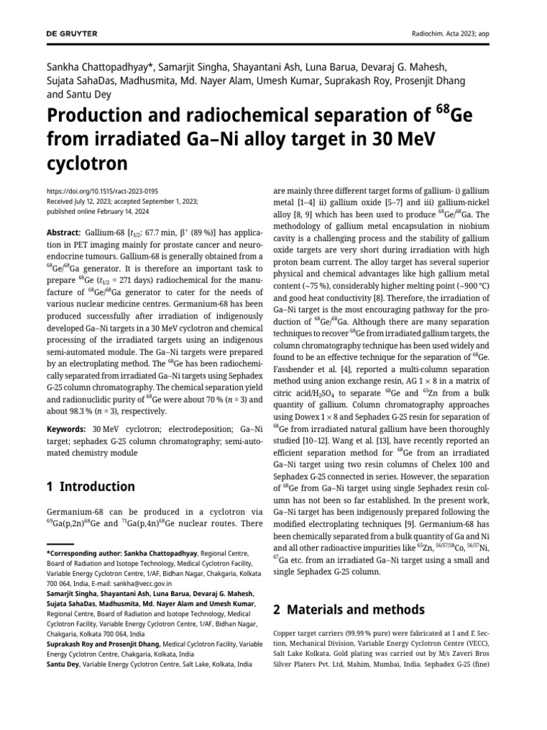 68ge Production and Separation Separation 30MeV Cyclotron | PDF ...