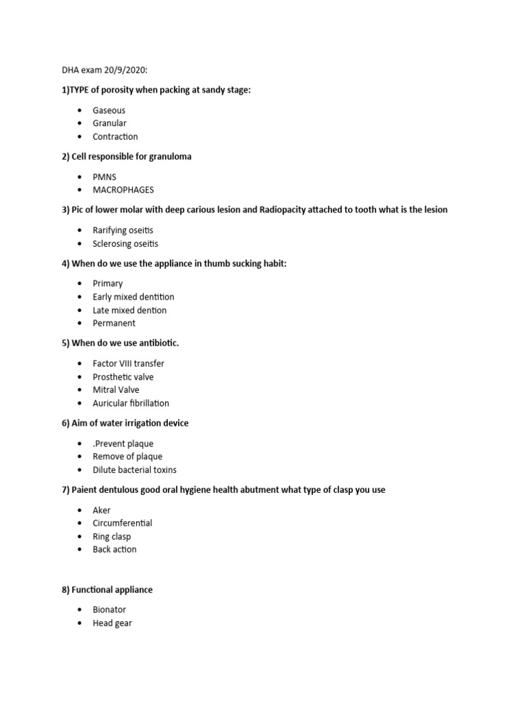 DHA Exam 20 Sep | PDF | Medical Specialties | Dentistry Branches