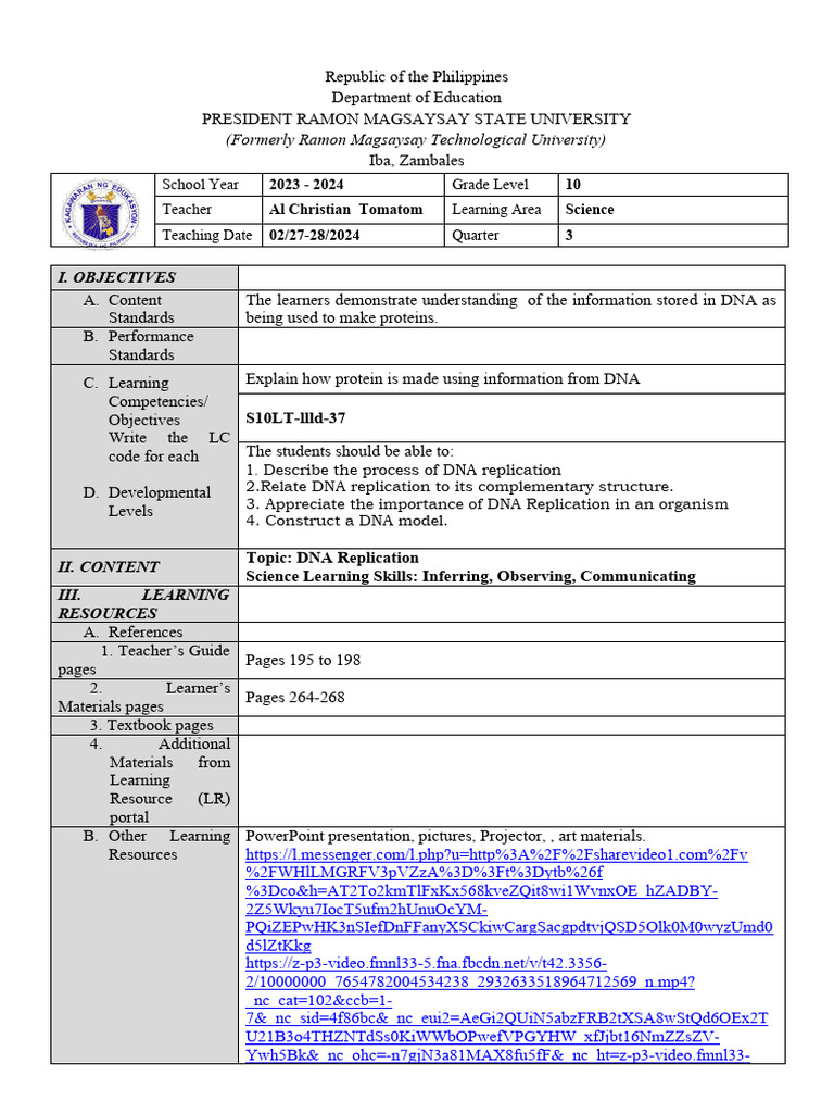 DNA Replication Lesson Plan for Grade 10 | PDF | Dna Replication | Dna
