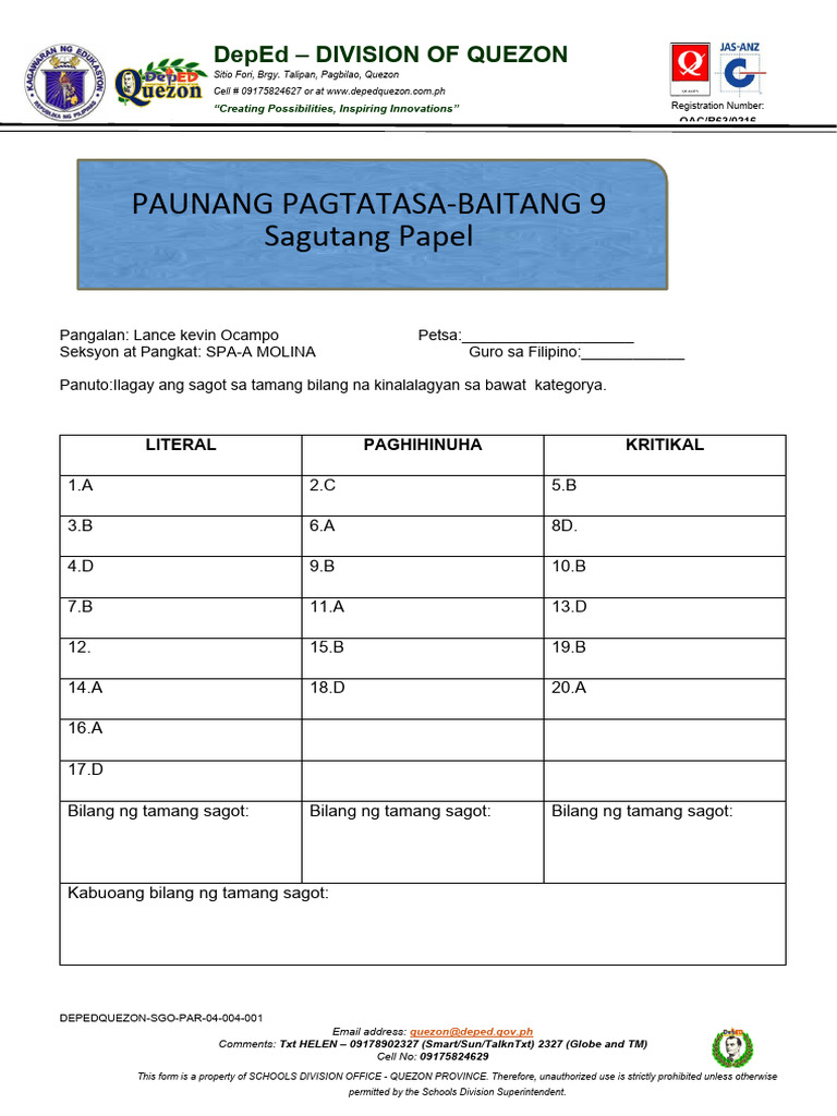 Lance Ocampo - paunang-PagtatasaG9-Phil-IRI-Answersheet | PDF
