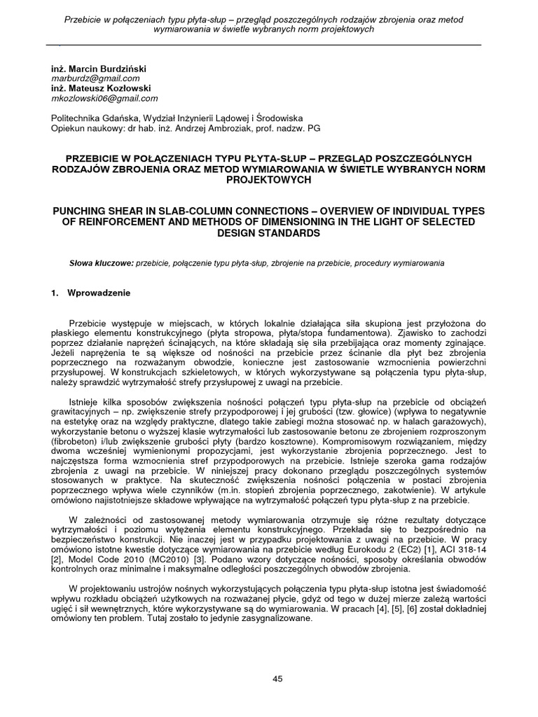 Przebicie W Polaczeniach Typu Plyta Slup Przeglad Poszczegolnych Rodzajow Zbrojenia Oraz Metod ...