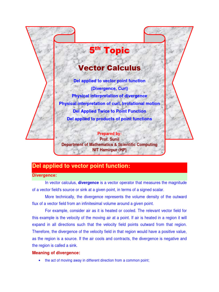 5 Topic: Vector Calculus | PDF | Divergence | Euclidean Vector