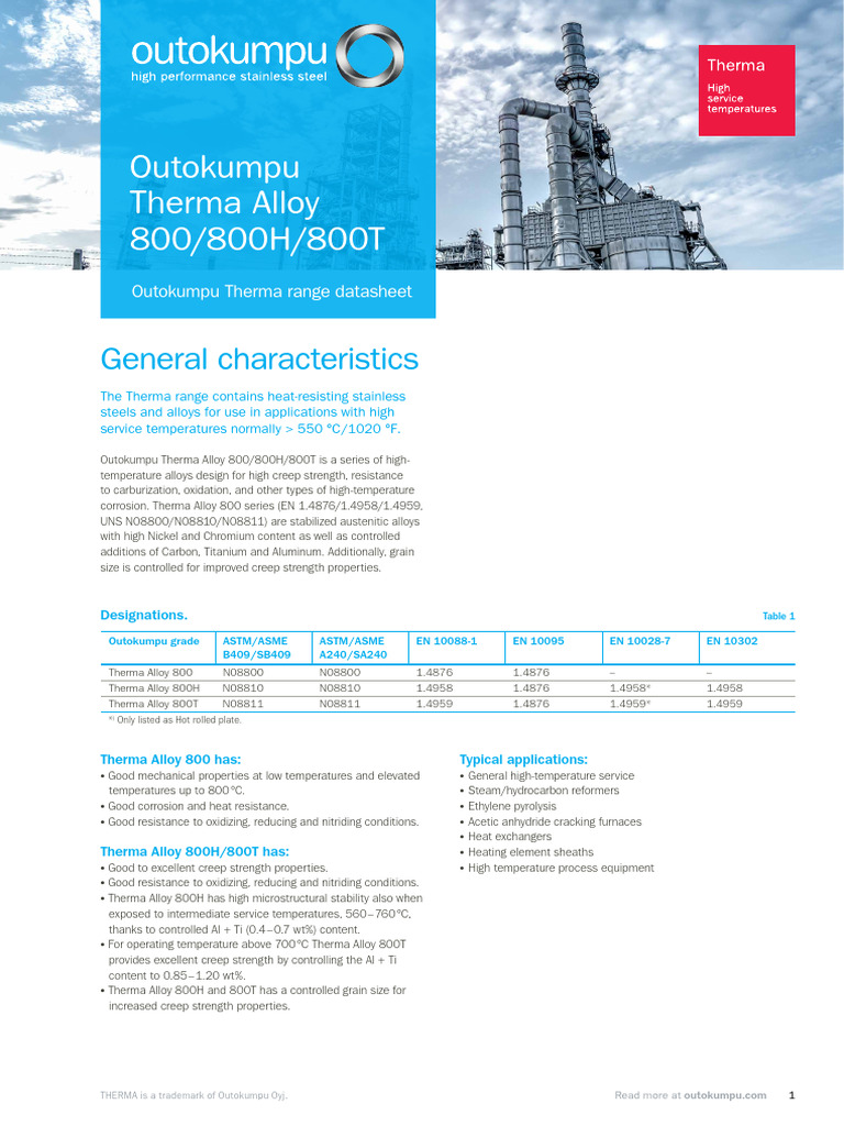 Outokumpu Therma Alloy 800 Series Overview | PDF | Heat Treating ...