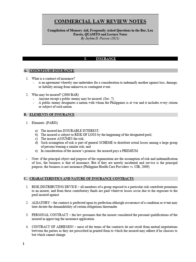 Commercial Law Review Notes | PDF | Insurance | Liability Insurance