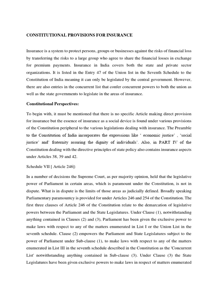 Constitutional Framework of Insurance in India | PDF | Insurance ...