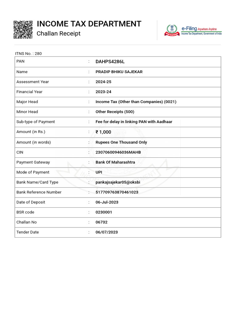Pan Adhar Link - ChallanReceipt | PDF