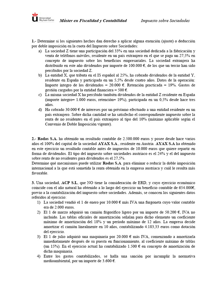 Ejercicios Doble Imposición | PDF | Dividendo | Impuesto corporativo