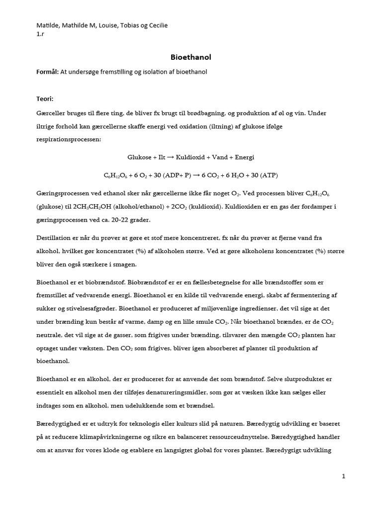 Bioethanol dannelse ved gæring og destillation | PDF